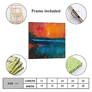 Hand Painted Abstract Sunset Oil Painting Modern Red Blue Impressionist Palette Art Bedroom Bathroom Office Bar Wall Decor Paintings28x28inch(70x70cm)