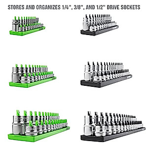 OEMTOOLS 22233 6 Piece SAE and Metric Socket Tray Set, SAE and Metric Socket Storage for Sizes 1/4", 3/8”, and 1/2" Drive, Socket Holders and Socket Organizer Tray for Toolbox, Green and Black