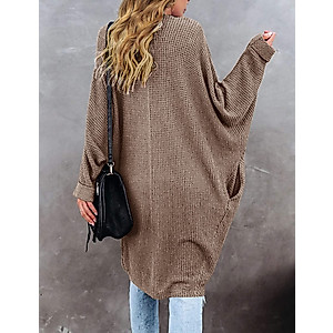 MEROKEETY Women's 2024 Fall Waffle Knit Batwing Long Sleeve Cardigan Loose Open Front Sweater Coat, Brown, XX-Large