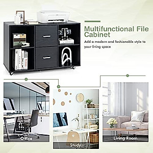 IFANNY 2 Drawer File Cabinet, Lateral Filing Cabinet with Shelves & Wheels, Black Buffet Sideboard, Rolling Storage Cabinet, Wood Cabinets for Home Office, Dining Living Room, Kitchen, Bedroom