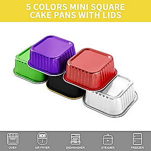 Mini Square Baking Cups,HEYYUMI 50pcs 5oz Aluminum Foil Mini Cake Pans with Lids,Disposable Ramekins Muffin Tins Cupcake Liners,Individual Dessert Containers Flans for Party Bakery(5 Colors E)