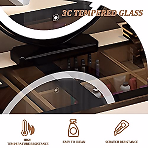 YIMAKEY Vanity Desk Lights Bluetooth: Grey 31 Inches Smart Makeup Vanity Table Set - Mirror Lights 5 Drawers Speakers Stool Charger Station Led Light - Adult Bluetooth Vanities for Corner