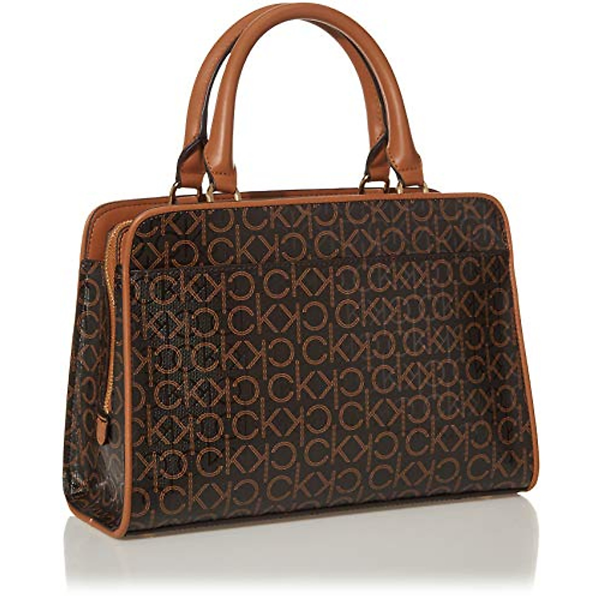 Calvin Klein Margot Textured Logo Satchel, Brown/Khaki/Caramel Embossed