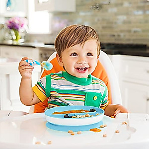 Munchkin Stay Put Divided Suction Plates, Blue/Green & Stay Put Suction Bowls & Raise™ Toddler Fork and Spoon Utensil Set
