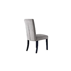Cui Liu Owen Upholstered Dining Chair – Armless Dining Chair in Grey Linen with Black Wooden Leg and Shiny Silver Nailhead (Set of 2)