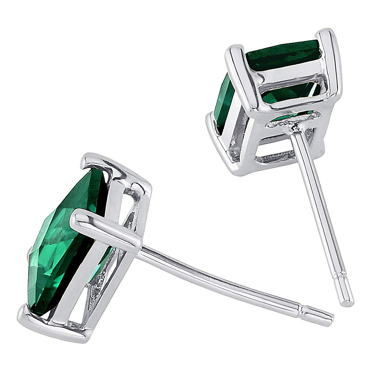 Peora Solid 14K White Gold Created Emerald Earrings for Women, Hypoallergenic Solitaire Studs, 7x5mm Radiant Cut, 1.75 Carats total, Friction Back