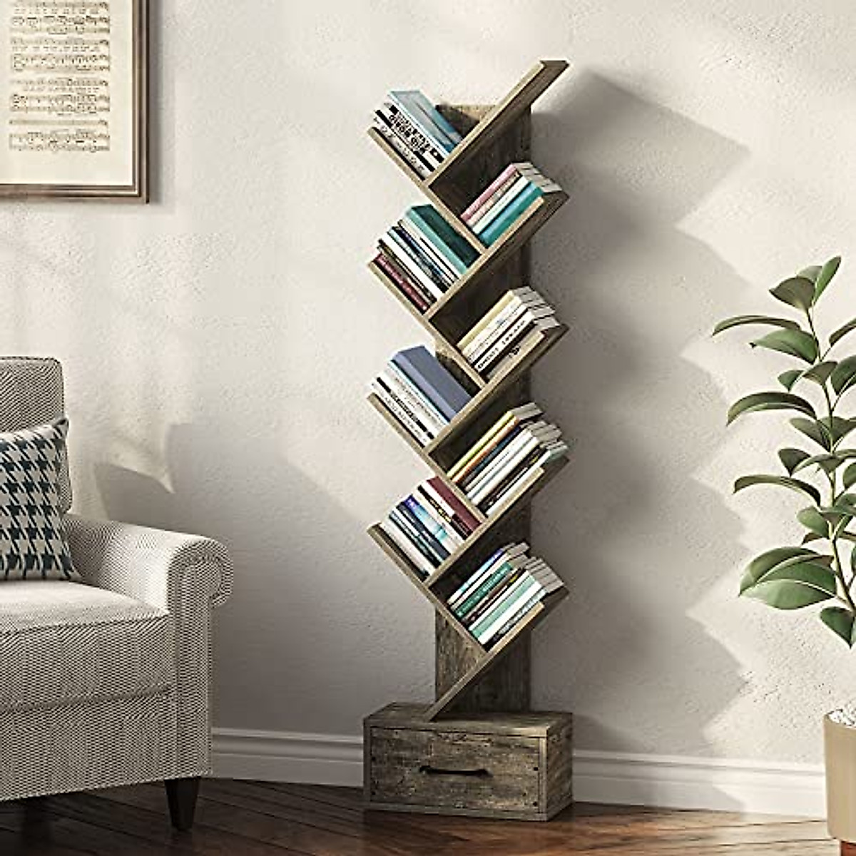 Rolanstar Bookshelf with Wooden Drawer, 9 Shelf Tree Bookshelf, Modern Book Storage, Free Standing Tree Bookcase, Utility Organizer Shelves for Home Office, Living Room, Bedroom, Grey