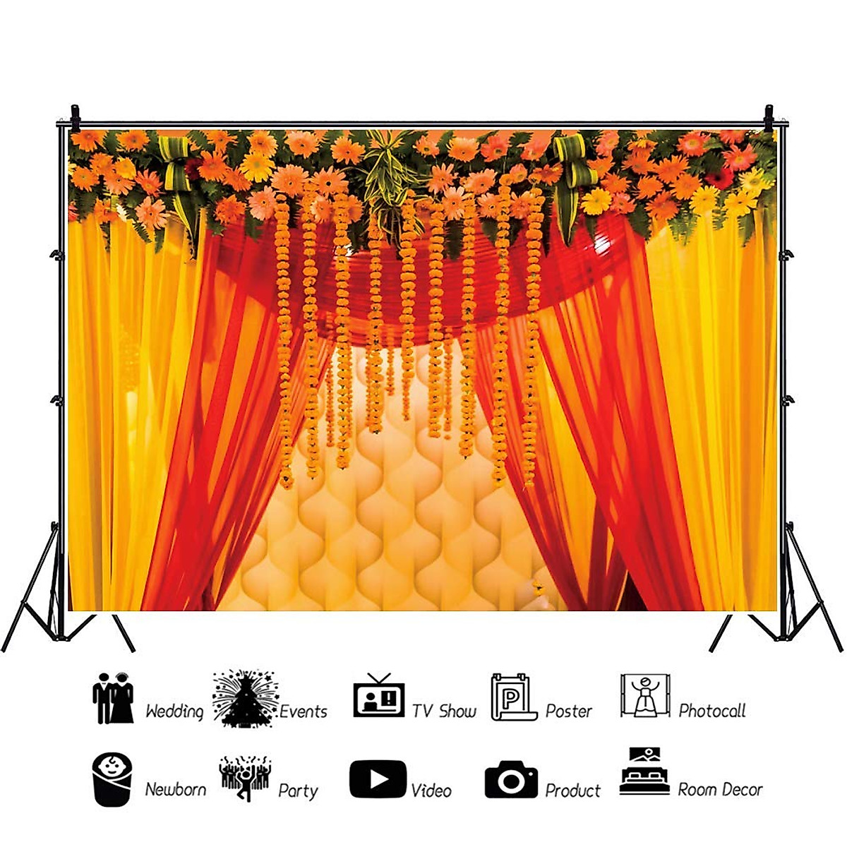 YongFoto 9x6ft Happy Diwali Backdrop Banner Indian Traditional Backdrop Happy Holi Backdrop Hindu Indian Wedding Background Flower Garland Yellow Tulle Curtain Anniversary Backdrop