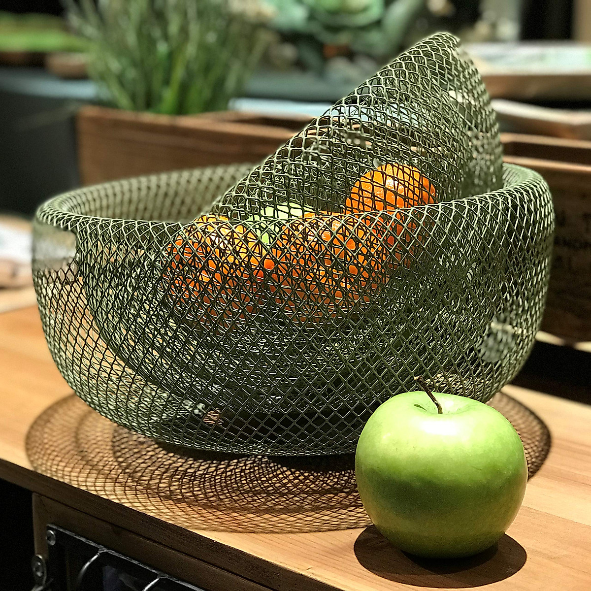 WHW Whole House Worlds Iconic Modern Wire Mesh Fruit Bowls, Olive Green, Set of 2, Art Museum Style, Iron, Large, 11.5 Inches Diameter x 6 Tall, and 9.5 Diameter x 4.75 Inches