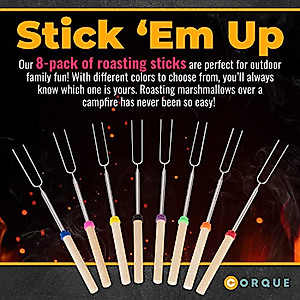 CORQUE Marshmallow Roasting Sticks, Smores Sticks, Extendable, Camping Skewer for Fire Pit, Wooden Handle, 32inch Metal for BBQ Hotdog, Cooking, Campfires, Bonfires, Set of 8