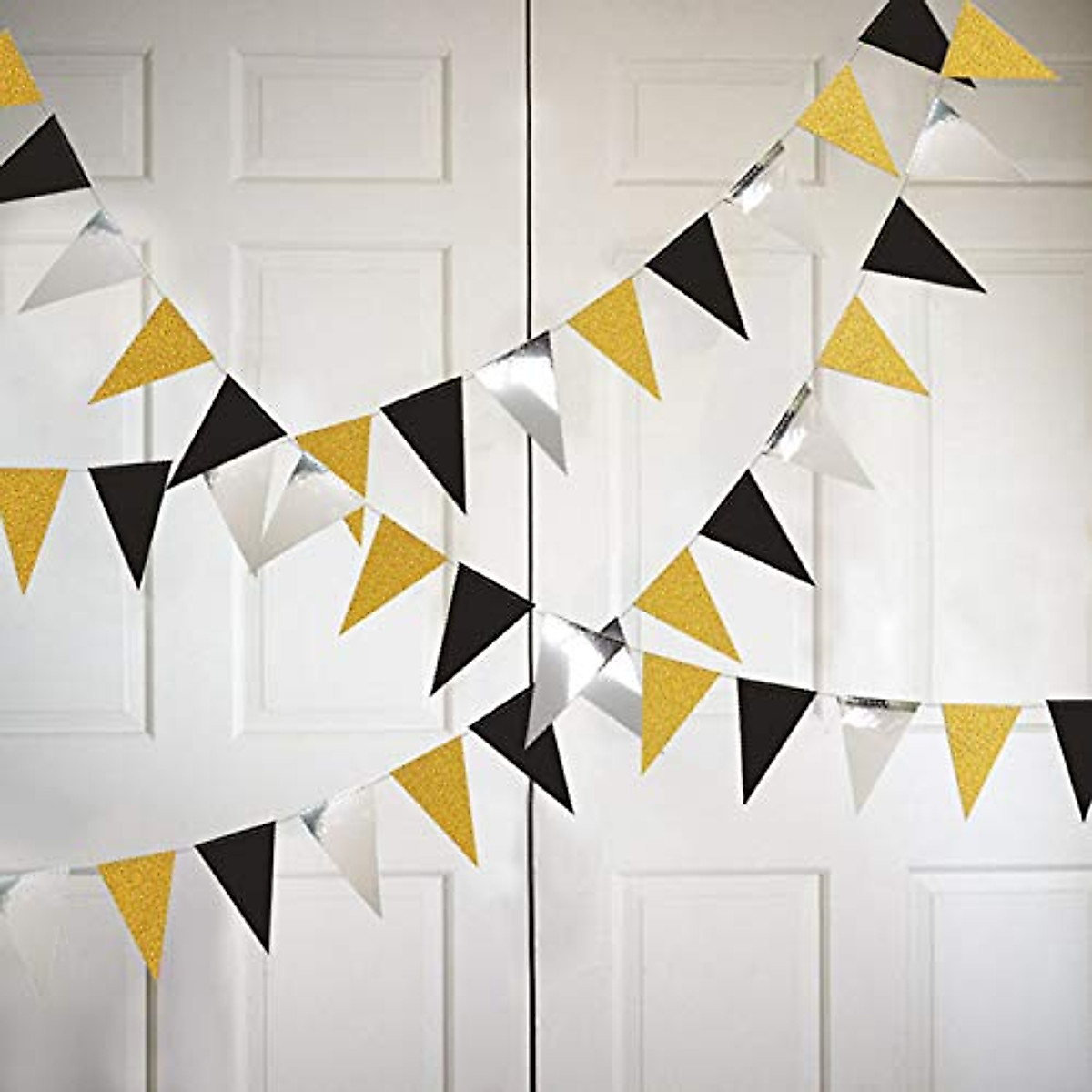 40 Feet Paper Triangle Pennant，Glitter Pennant Banner Bunting for Wedding，Baby Shower，Birthday Party Decorations Supplies(4PCS) (black/gold/silver)