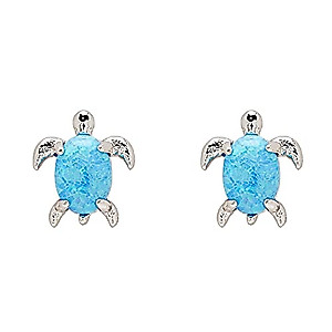 Pura Vida Silver-Plated Opal Sea Turtle Stud Earrings - Blue Stone, Sterling Silver Posts - 1 Pair