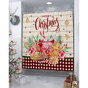 Christmas Fabric Shower Curtain 72x72 Inch, Christmas Hot Cocoa Cotton Candy Gingerbread Man Shower Curtain for Bathroom with Hooks,Waterproof Bath Shower Curtain Sets Decorative Bathroom Accessories