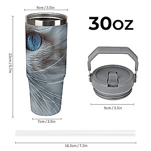 30oz Stainless Steel Insulated Tumbler with Flip Lid & Straw, Leakproof Travel Mug for Car, Blue Eyes Cat Double Wall Vacuum Thermal Coffee Cup with Handle, Spill-Proof Design for Hot/Cold Drinks