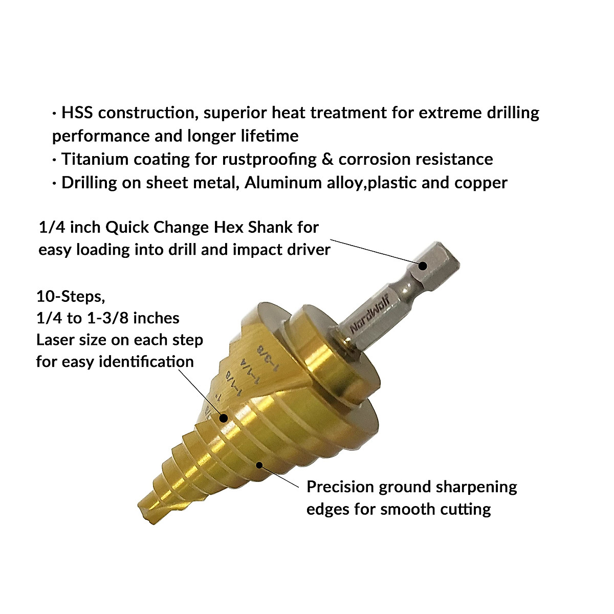 NordWolf HSS Titanium Step Drill Bit, Spiral Groove Double Flute Multiple Hole Unibit for Sheet Metal, 10 SAE Step Sizes 1/4" to 1-3/8"