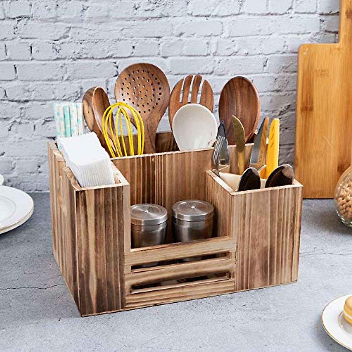 handrong Utensil Caddy Silverware Caddy Cutlery Caddy Wooden Cutlery Holder Antique Flatware Caddy Holder for Kitchen, Dining, Party, Picnics, 8 Compartments (Brown, 11.8x7.5x6.7)