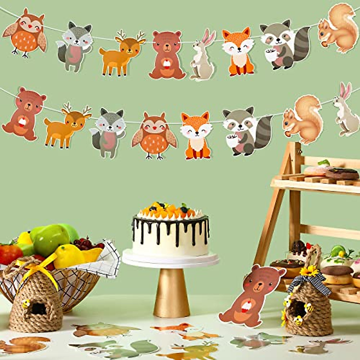 4 Pcs Woodland Animals Banner Assembled Forest Animal Bunting Banner Wild Creature Kids Birthday Party Supplies for Baby Shower Decoration