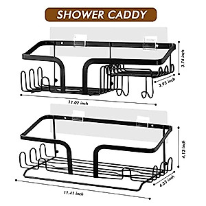 ST. BRIDGE 2 Pack Black Adhesive Shower Caddy, Shower Organizer Shelves No Drilling with Soap Holder, RustProof Stainless Steel Bathroom 11 Hanging Hooks Shower Racks Storage for Bathroom Kitchen
