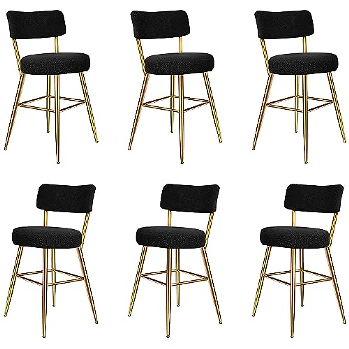 Sucrever 24” Boucle Bar Stools Set of 6, Counter Height Bar Stools with Back, Sherpa Barstools with Golden Metal Legs/Footrest, Black Boucle Bar Chairs Bar Stools for Kitchen Island, Dining Room