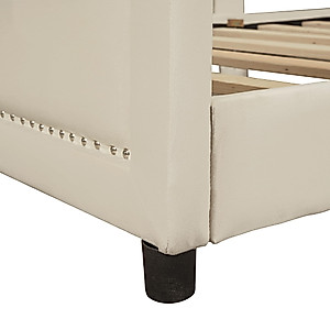 Harper & Bright Designs Upholstered Twin Daybed Frame for Kids,Velvet Twin Beds with Classic Stripe Shaped Headboard, Wood Cute Twin Bed Frames for Children Girls Boys,Beige