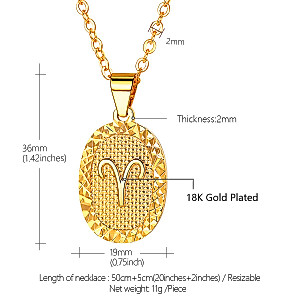 FOCALOOK Custom Aries Gold Necklace for Women Oval Shaped Carved Medallion Constellation Zodiac Sign Jewelry 20-22"