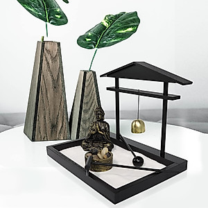 Japanese Zen Garden Kit Home Decor - Mini Zen Garden Buddha with Bell Hanging Archway Office Desk Accessories - Zen Sand Garden Desk Office Decor - 8.5" x 6.5" x 7"