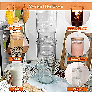 ANOTION Glass Cups with Lids and Straws 4 Packs, 24oz Travel Coffee Mug Wide Mouth Mason Jar Iced Coffee Cup Smoothie Cup Glass Tumbler Tea Cup Boba Cup Clear Cute Water Cups Drinking Jars Glasses