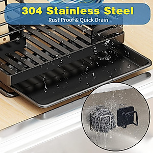 ROMINVIC Sink Caddy Organizer,Kitchen Caddy for Sponge Dishcloth Brush Holder with Black Drain Tray and 2 Sponge Holders 304 Stainless Steel Rustproof