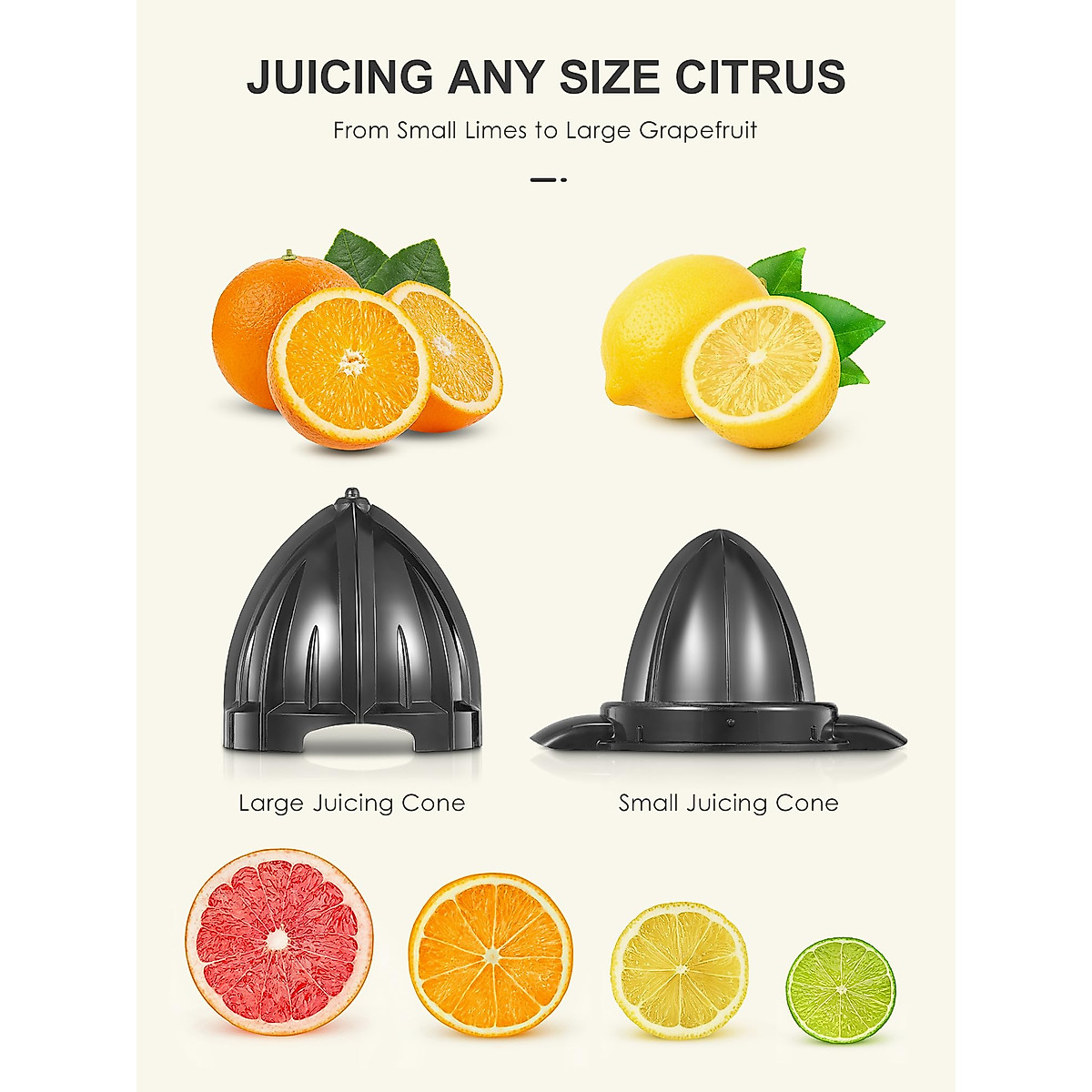 Electric Citrus Juicer Squeezer, Orange Juicer with Two Interchangeable Cones, Suitable for orange, lemon and Grapefruit, Brushed Stainless Steel, Easy to Clean and Use (Black+Silver)