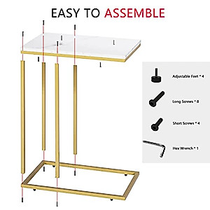 PrimeZone C Shaped Side Table - Faux Marble Narrow End Table for Sofa Couch & Living Room, TV Tray Table, 19" W x 12" D x 23" H, Gold Frame