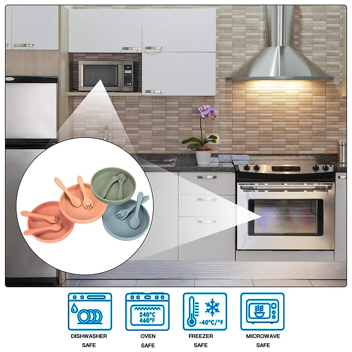 TOPGOMES Silicone Suction Plate, Comes with Soft Spoon Fork | Stay Put Baby Feeding Dishes for Kids and Infants | BPA Free, 100% Food-Grade Silicone, Non-Slip Design (Ether)