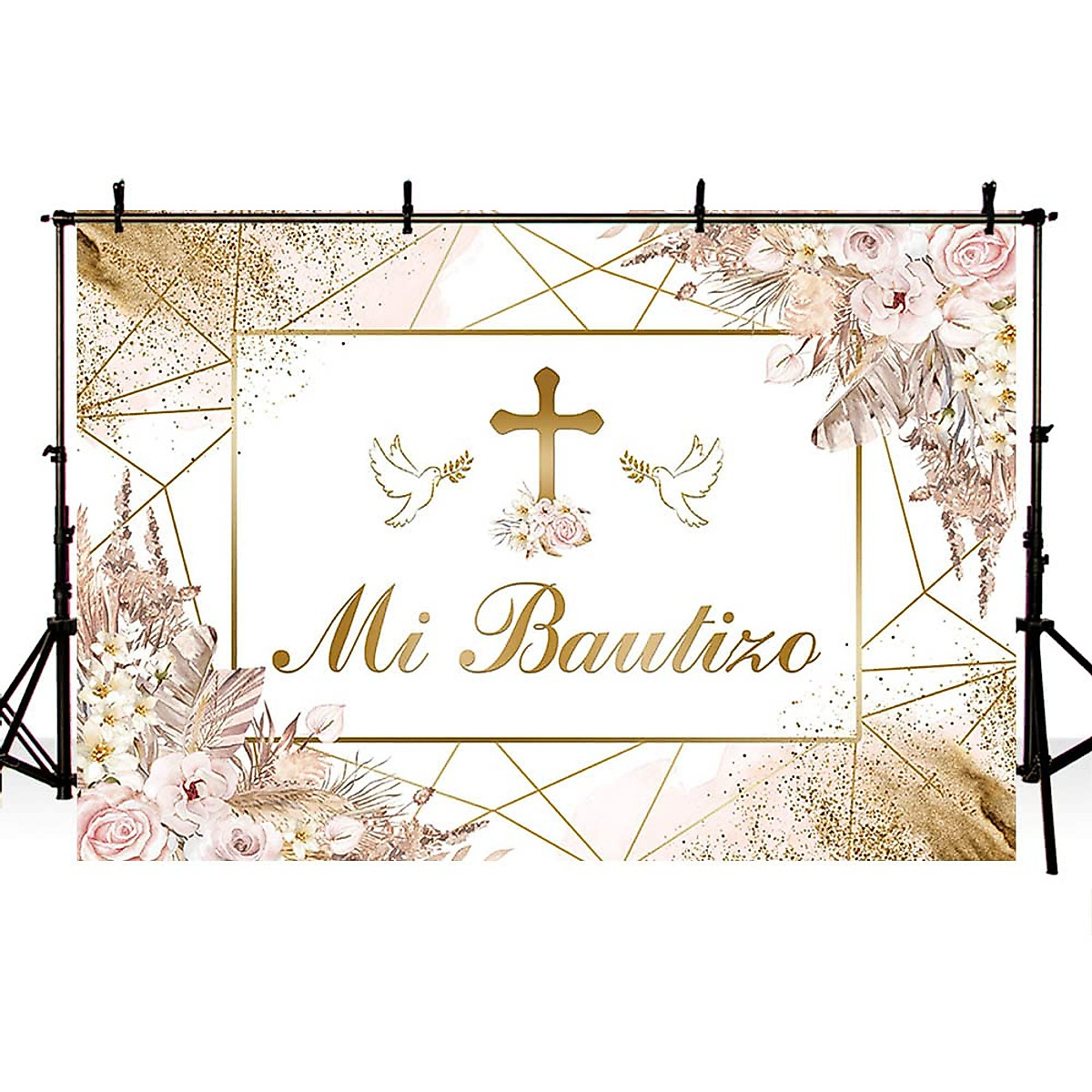AIBIIN 7x5ft Boho Mi Bautizo Backdrop Mexican Baptism Christening Girl First Holy Communion Party Decorations Bohemian Pink Floral Pampas Photography Background Newborn Baby Shower Photo Booth Props