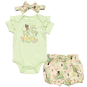 Disney Princess Tiana Infant Baby Girls Bodysuit Shorts and Headband 3 Piece Outfit Set Green/Khaki 24 Months