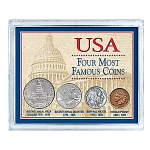 USA Four Most Famous Coins, Genuine Coin Set, Buffalo Nickel, Indian Head Cent, Bicentennial Half Dollar and Quarter, Certificate of Authenticity – American Coin Treasures