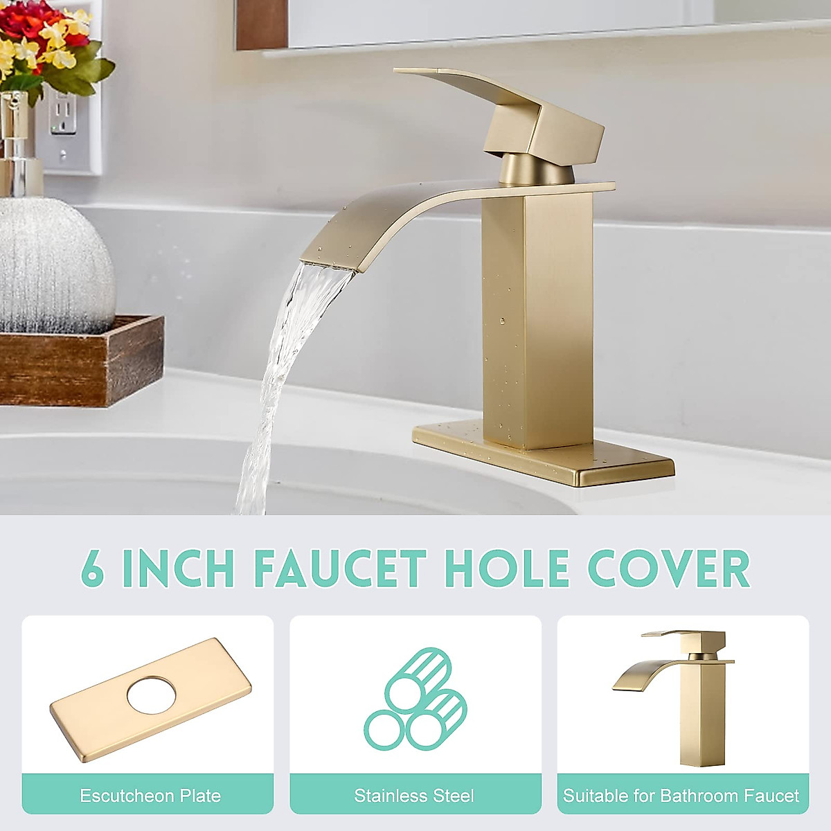 6 Inch Faucet Deck Plate, Brushed Gold Escutcheon Faucet Plate for Bathroom Sink 1 Hole or 3 Hole 4 Inch Centerset Basin Sink Hole Cover, Stainless Steel Faucet Hole Cover