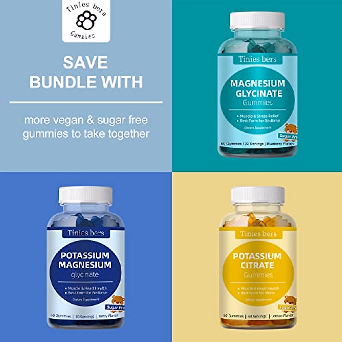 Potassium Magnesium Gummies, Potassium Gummies Sugar Free for Adults Kids, Support Leg Cramps & Muscle & Heart Health, Magnesium Glycinate Gummies Best for Bedtime, Vegan, Non-GMO, Berry Flavor, 60