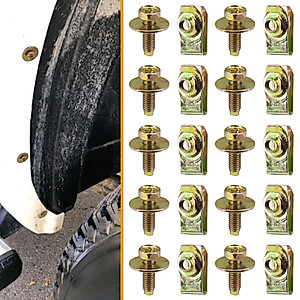 URMECCH 20x Body Bolts M6-1.0 x 20mm Long - 10mm Hex - 17mm Washer - 20x U-Nuts Clips Engine Under Cover Undertray Splash Shield Guard Bumper Fender Liner Push Retainer Fastener, Yellow Zinc Finish