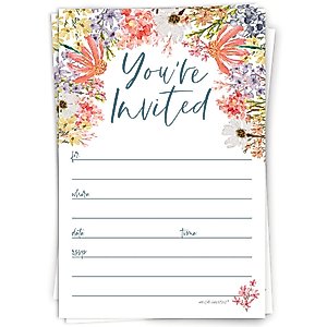 Wildflower Invitations With Envelopes (20 Count) - Floral Boho Garden Theme For Bridal Shower, 1st Birthday, Adult Birthday, Brunch or Baby Shower