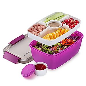 GiFBERA Large Salad Container for Lunch - 68 oz Salad Bowl with 5 Compartments Bento-Style Tray, 2 pieces Salad Dressing Containers To Go, Leak-Proof & BPA-Free (Purple)