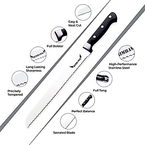 RIMHAWK Bread Knife 10inch Serrated Bread Knife for Homemade Bread, Ultra-Sharp Stainless Steel Serrated Bread Knives and 5inch Ergonomic Handle