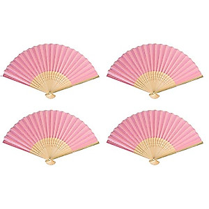 Sepwedd 50pcs Pink Paper Hand Fan White Bamboo Folding Fan Handheld Fans Paper Folded Fan for Wedding Party and Home Decoration
