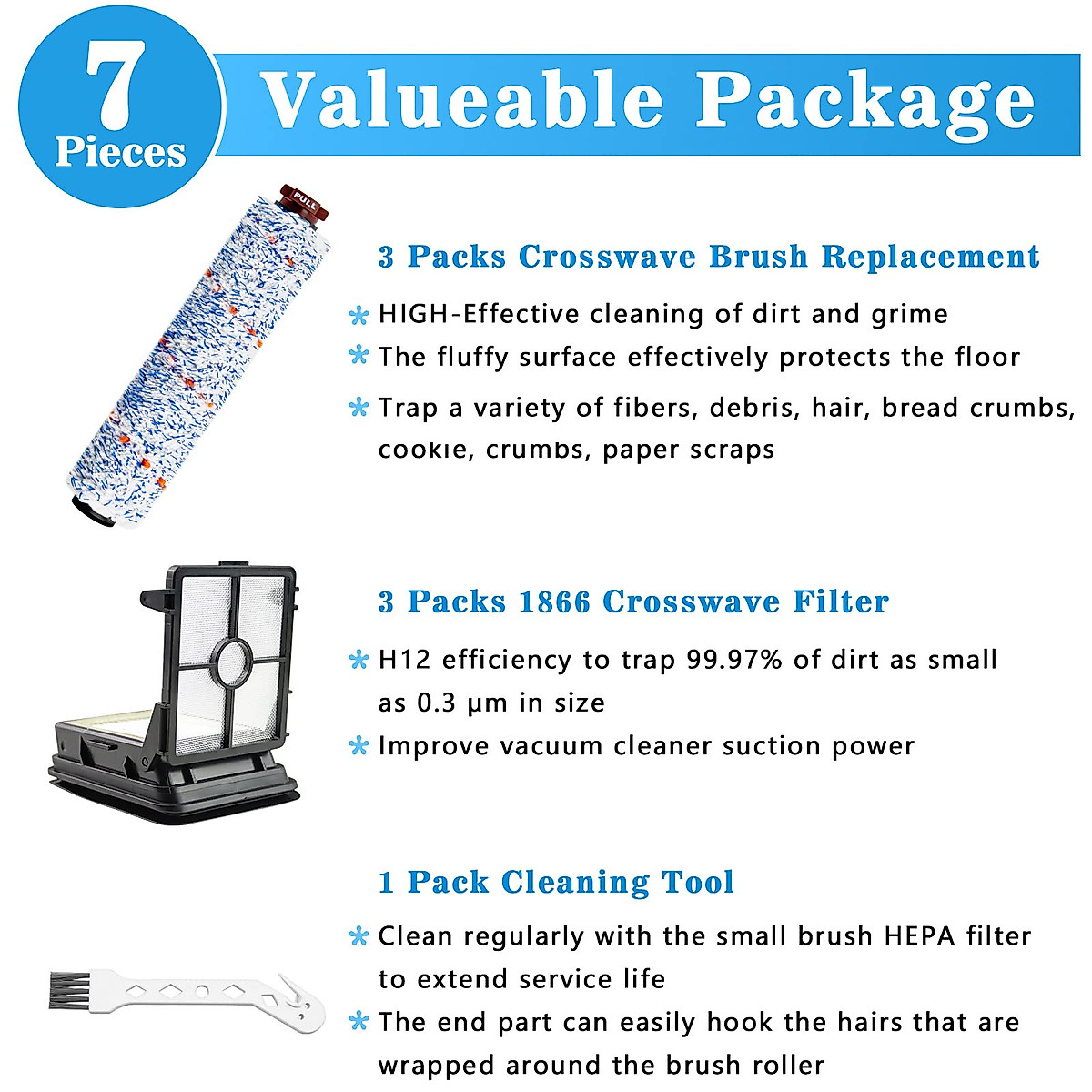 Replacement Brush Roller and Filters for Bissell CrossWave Vacuum, CrossWave Pet Pro Brush Roll Parts Fit 1785,1785A 17852, 17858, 17859, 1785P, 1785R, 1785T, 1785V, 1785W, 2210V, 2211W, 1785N, 2306