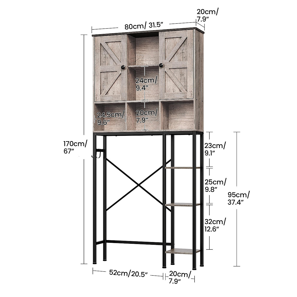 CHOEZON Over The Toilet Storage, Farmhouse Bathroom Storage Cabinet, Over Toilet Shelf with Storage Cabinet, Bathroom Organizer with Hooks, for Bathroom, Restroom, Charcoal Gray and Black TTS01HC