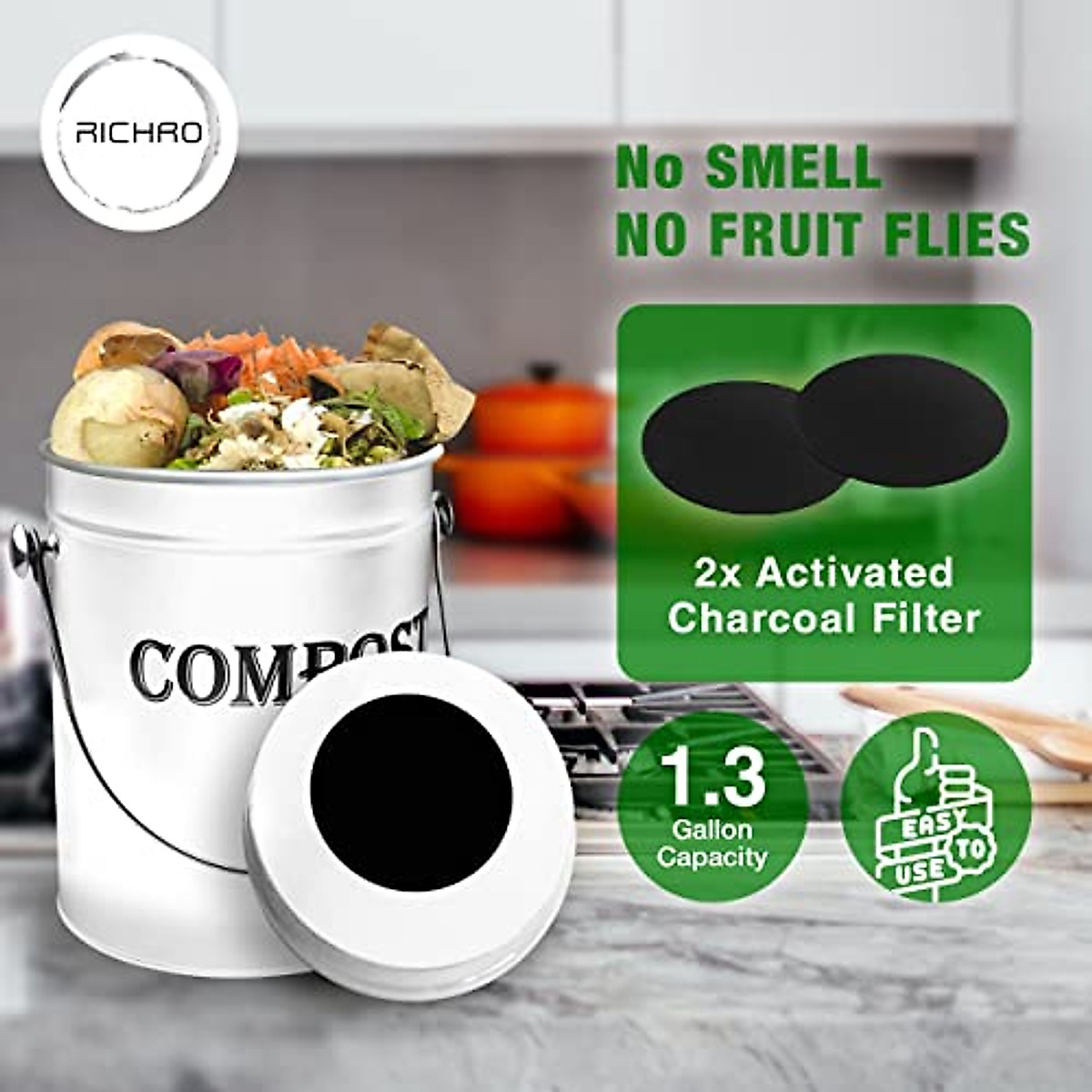 Compost Bin Kitchen 1.3 Gallon Smell Free Charcoal Filter Countertop Compost Bin with Lid - Stainless Steel Rust-Free Composting Bin for Kitchen Counter Compost Bucket Includes a Spare Filter (White)