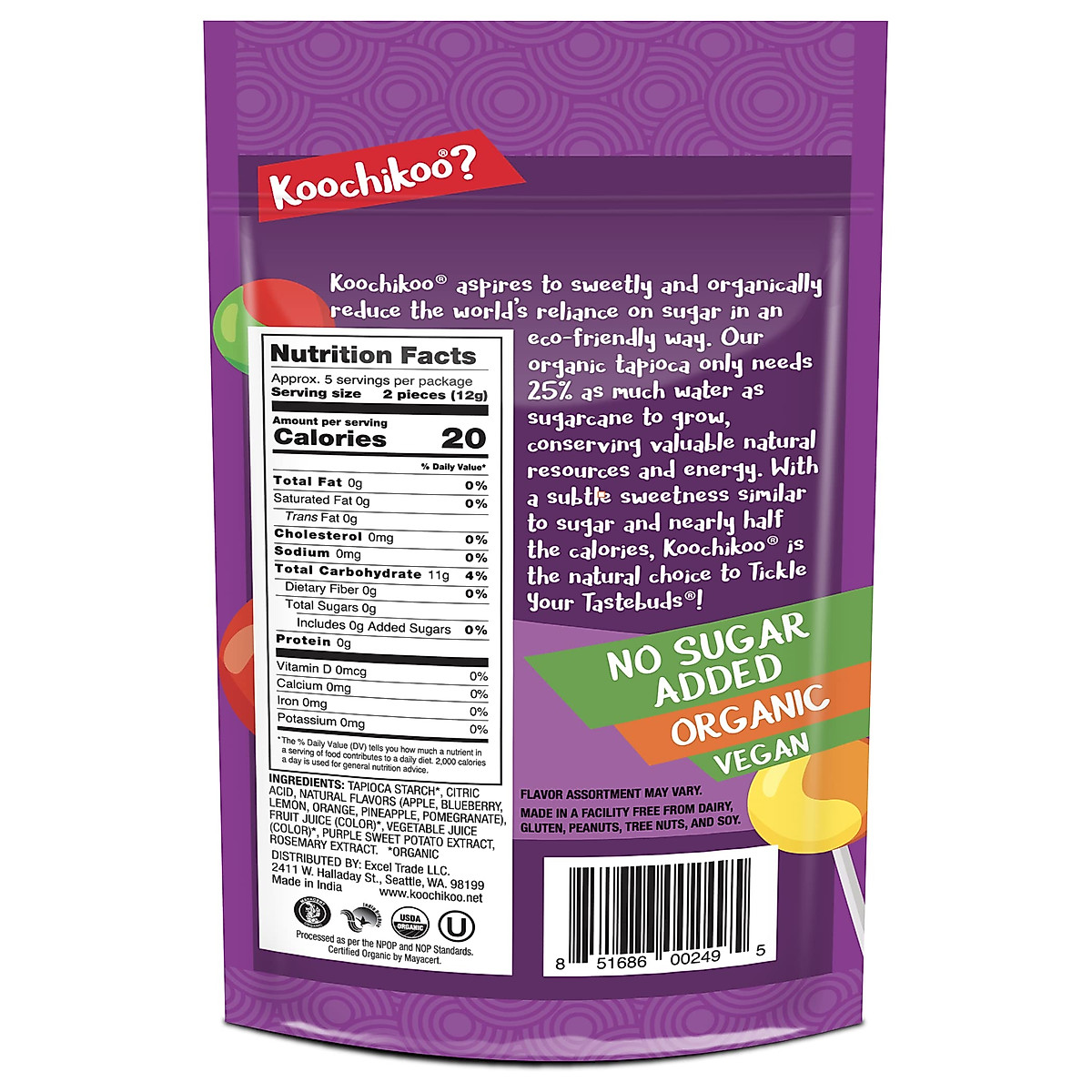 Koochikoo Sugar Free Organic Lollipop Pouch, 10 Count ( Pack - 1 )