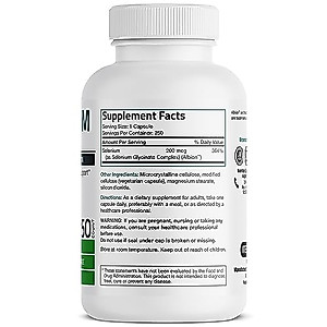 Bronson Selenium 200 mcg – Yeast Free Chelated Amino Acid Complex - Essential Trace Mineral with Superior Absorption, 250 Vegetarian Capsules