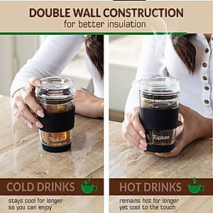 Tupkee Double Wall Glass Tumbler - 8-Ounce, All Glass Reusable Insulated Tea/Coffee Mug & Lid, Hand Blown Glass Travel Mug - Black