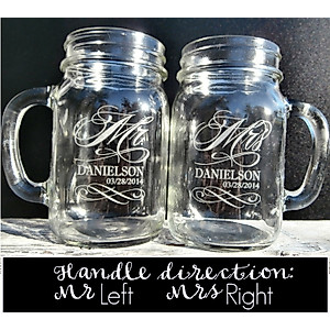 Custom Etched Mr. Mrs. Personalized Mason Mugs with Handle With Last Name and Date Set of 2, Clear