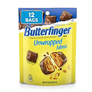 Butterfinger Unwrapped Minis, Bulk 12 Bags, Chocolatey, Peanut-Buttery, Resealable Bag, 8 oz Each