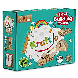 Kraftic Woodworking Building Kit for Kids and Adults, Set of 3 Educational DIY Carpentry Construction Wood Model Kit Toy Projects for Boys and Girls - Off-Road Vehicle, Flatbed Truck, Barn Birdhouse